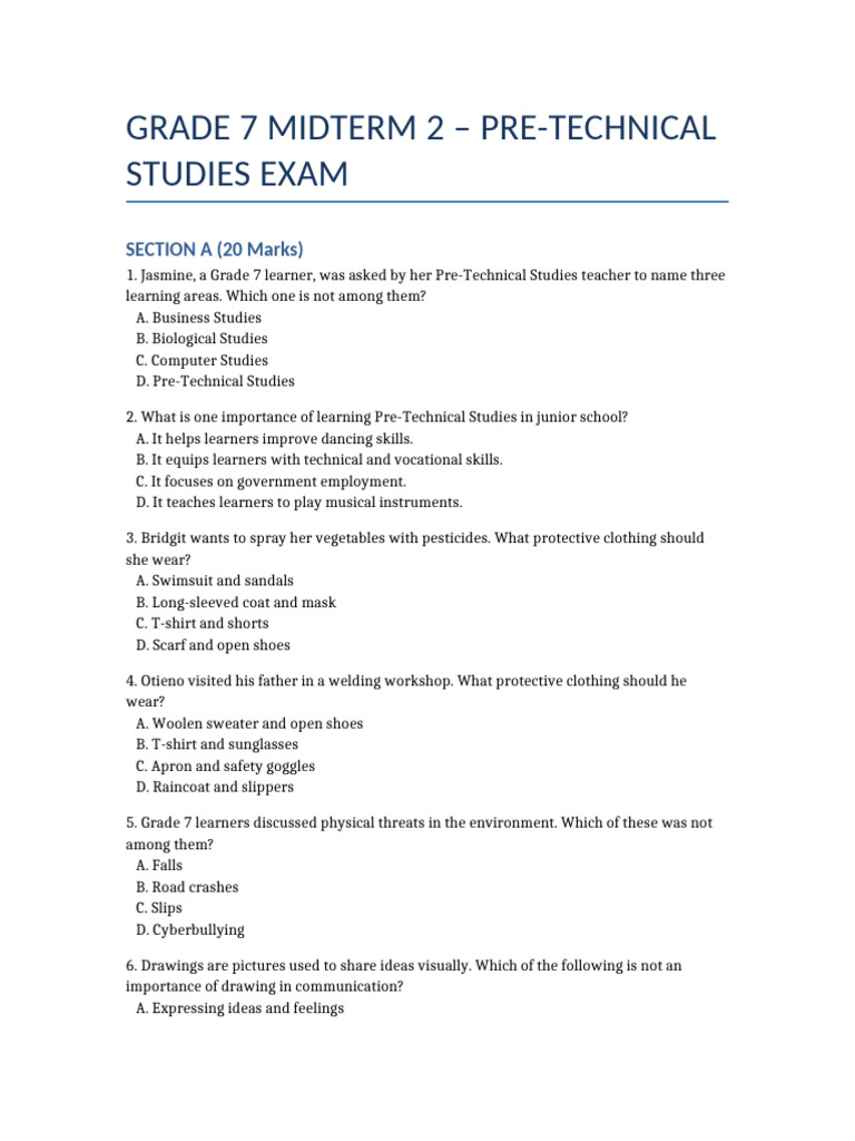 Grade 7 Pre-Technical Studies Exam | PDF | Drawing | Computing