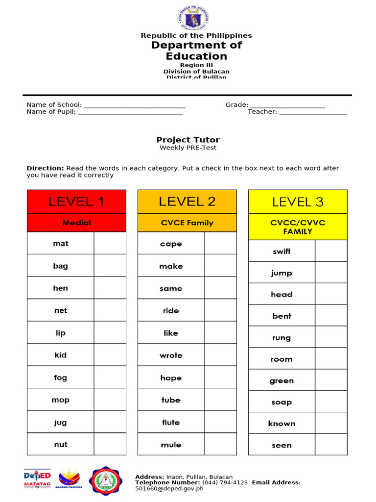 Weekly Pre-Test Template for Students | PDF