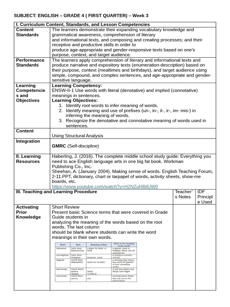 Grade 4 English: Week 3 Vocabulary Focus | PDF | Word | English Language