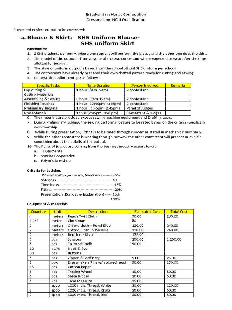 Dressmaking Competition Guidelines | PDF | Sewing | Clothing