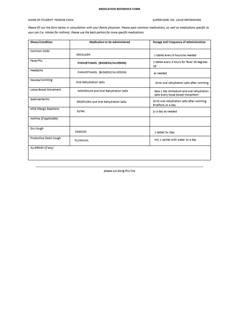 Medication Reference Form | PDF | Medical Treatments | Drugs