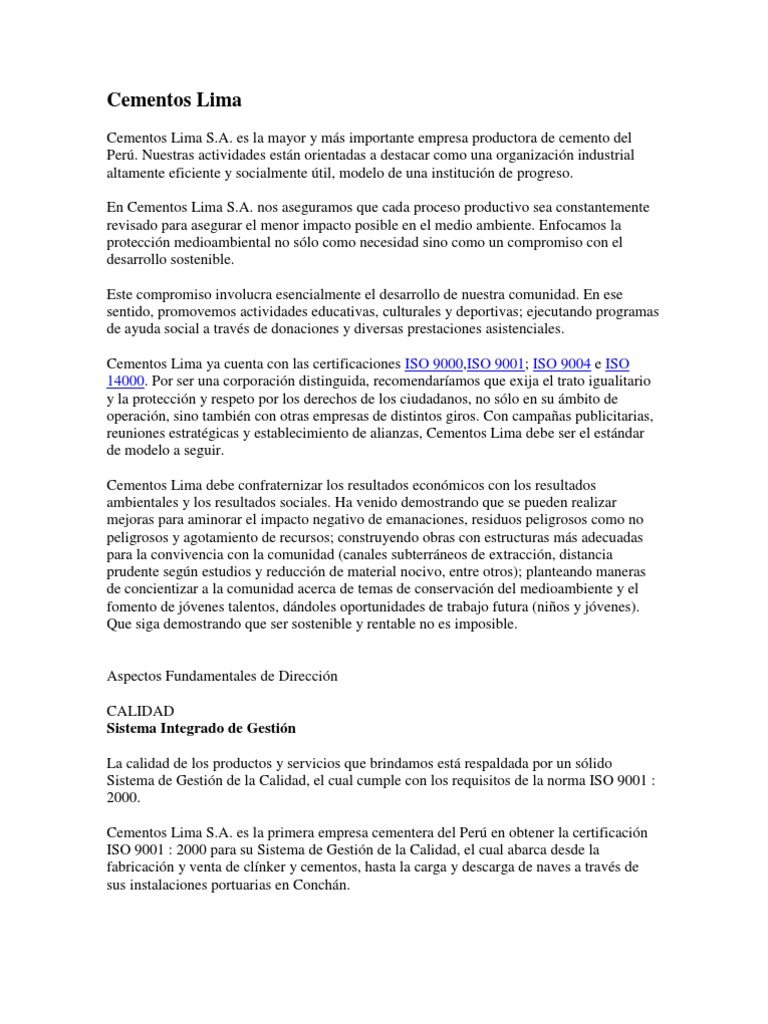 Cementos Lima: Sostenibilidad y Calidad | PDF | Iso 9000 | Calidad ...