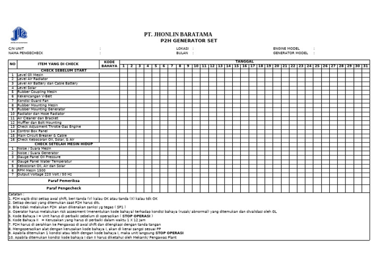 Formulir P2H Genset PT. Jhonlin | PDF