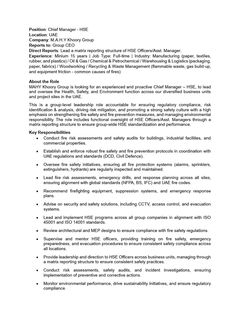 Chief Manager - HSE Position in UAE | PDF | Fire Safety | Regulatory ...