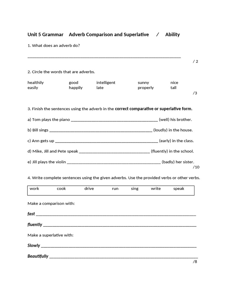 Unit 5 Grammar Adverb Comparison and Superlative | PDF | Adverb | Linguistic Typology