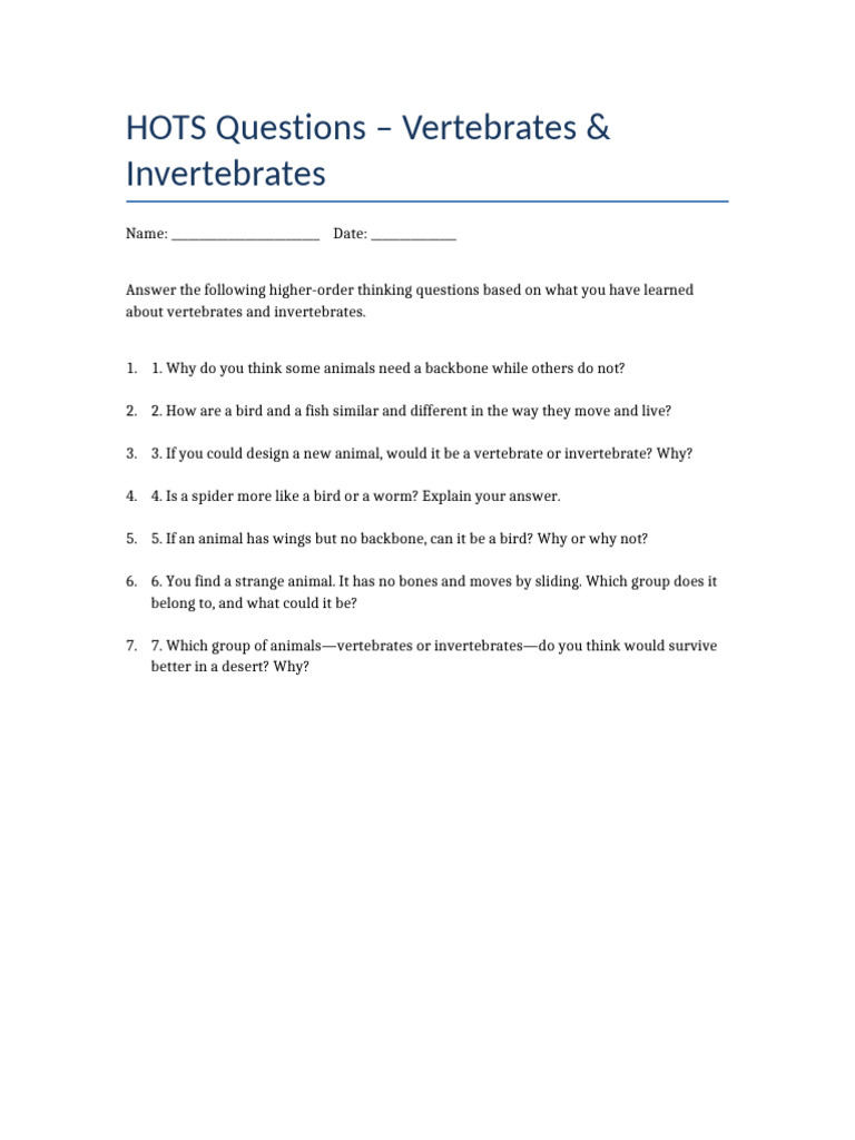 HOTS Questions Vertebrates Invertebrates | PDF