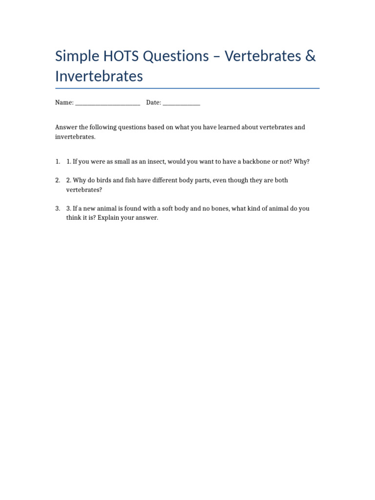 HOTS Questions on Vertebrates & Invertebrates | PDF