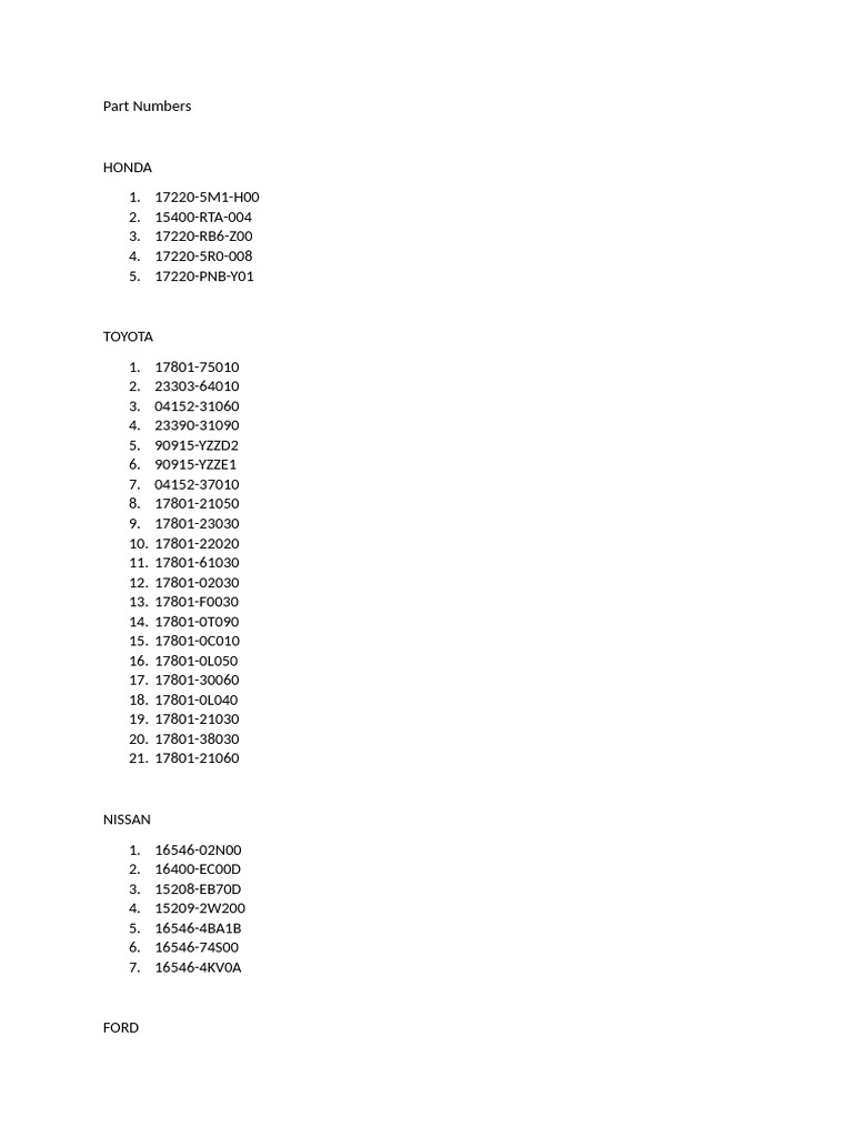 Automotive Part Numbers List | PDF