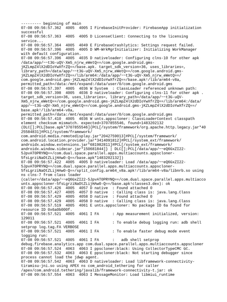 Com - Dual.space - Parallel.apps - Multiaccounts.appscloner Logcat | PDF | Android (Operating ...