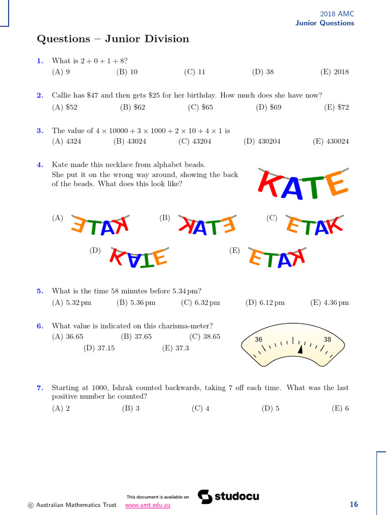 AMC Junior 2018 | PDF | Rectangle | Area