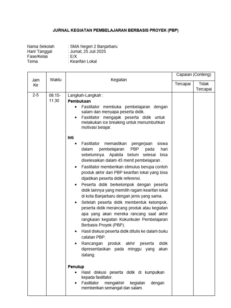 Pembelajaran Berbasis Proyek (PBP) 25 Juli 2024 | PDF