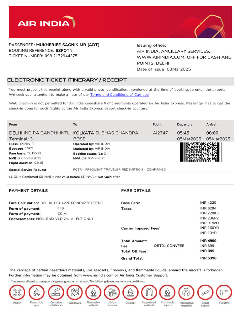 Air India Web Booking ETicket (SZPOTN) - SAGNIK | PDF