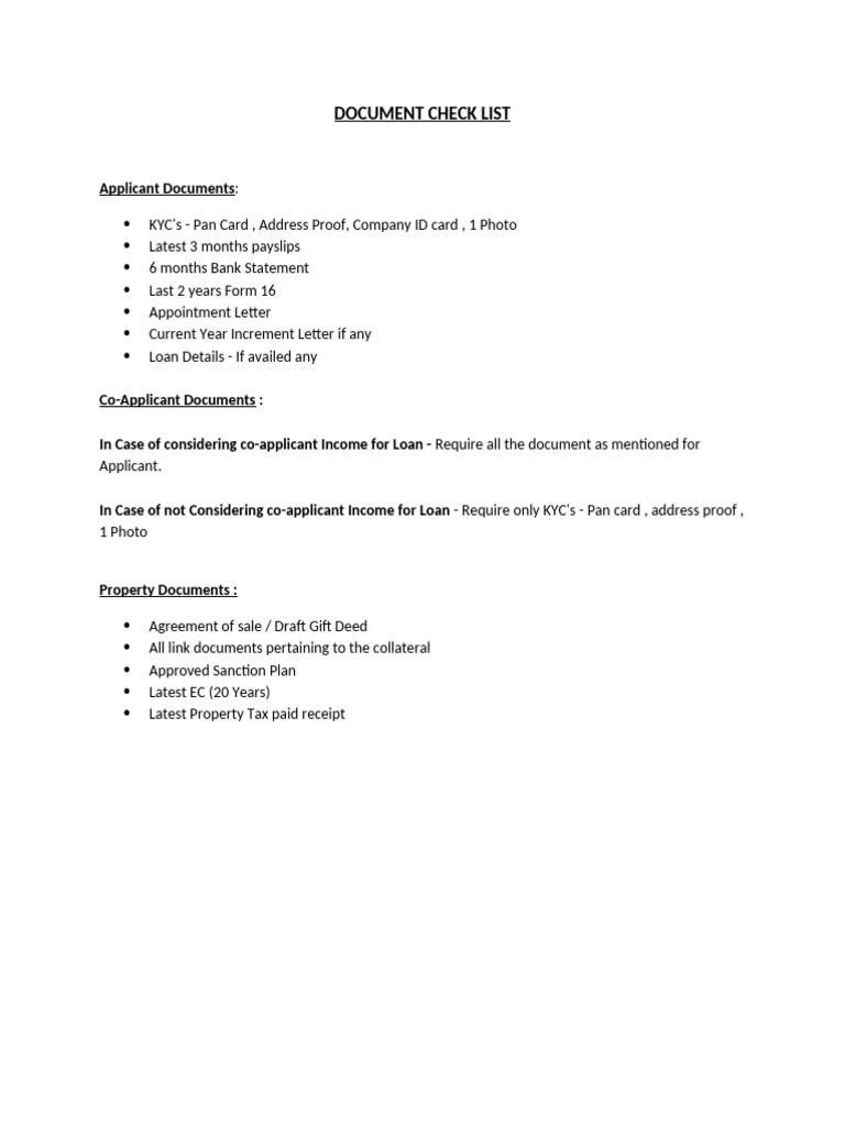 Home Loan Document Check List For Salaried Employees | PDF