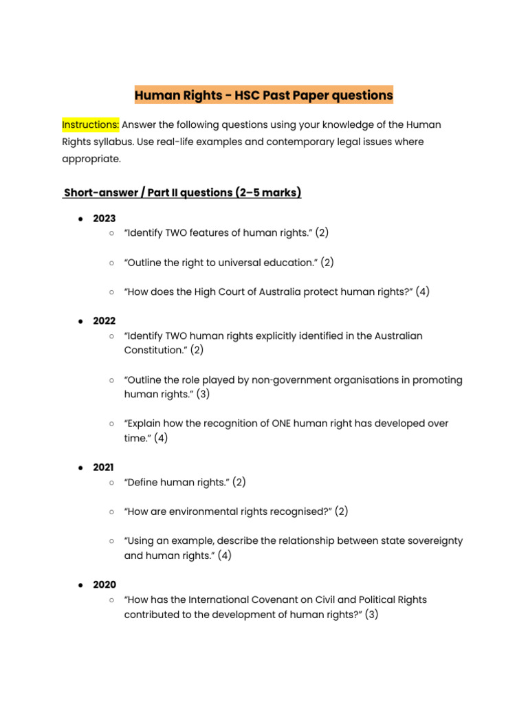 HSC Human Rights Past Paper Questions | PDF | Justice | Crime & Violence