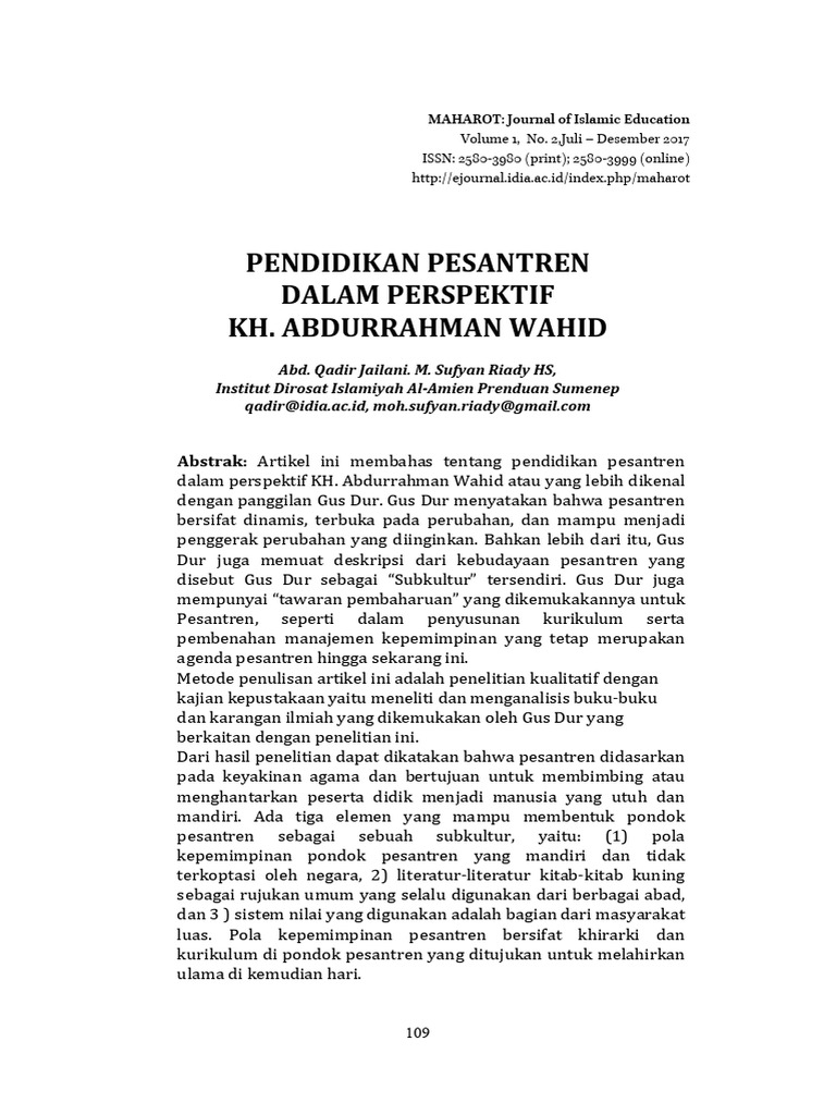Pendidikan Pesantren Menurut Gus Dur | PDF