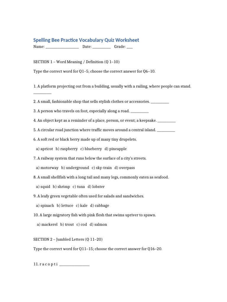 Spelling Bee Vocabulary Quiz Worksheet | PDF