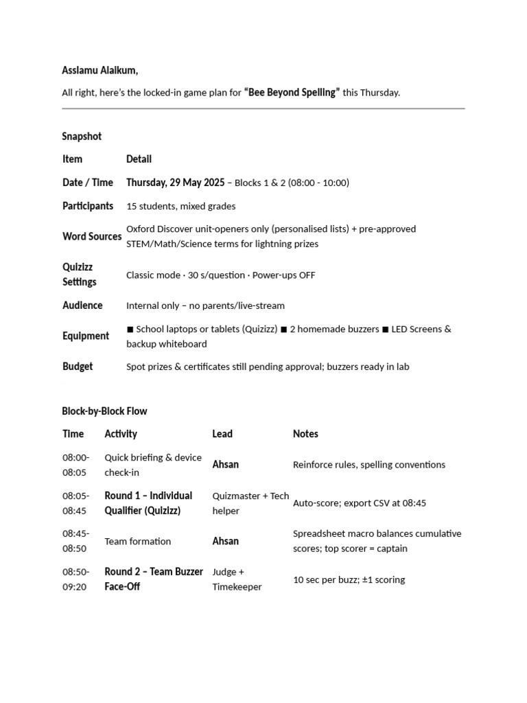 Spelling Bee Lesson Plan Overview | PDF