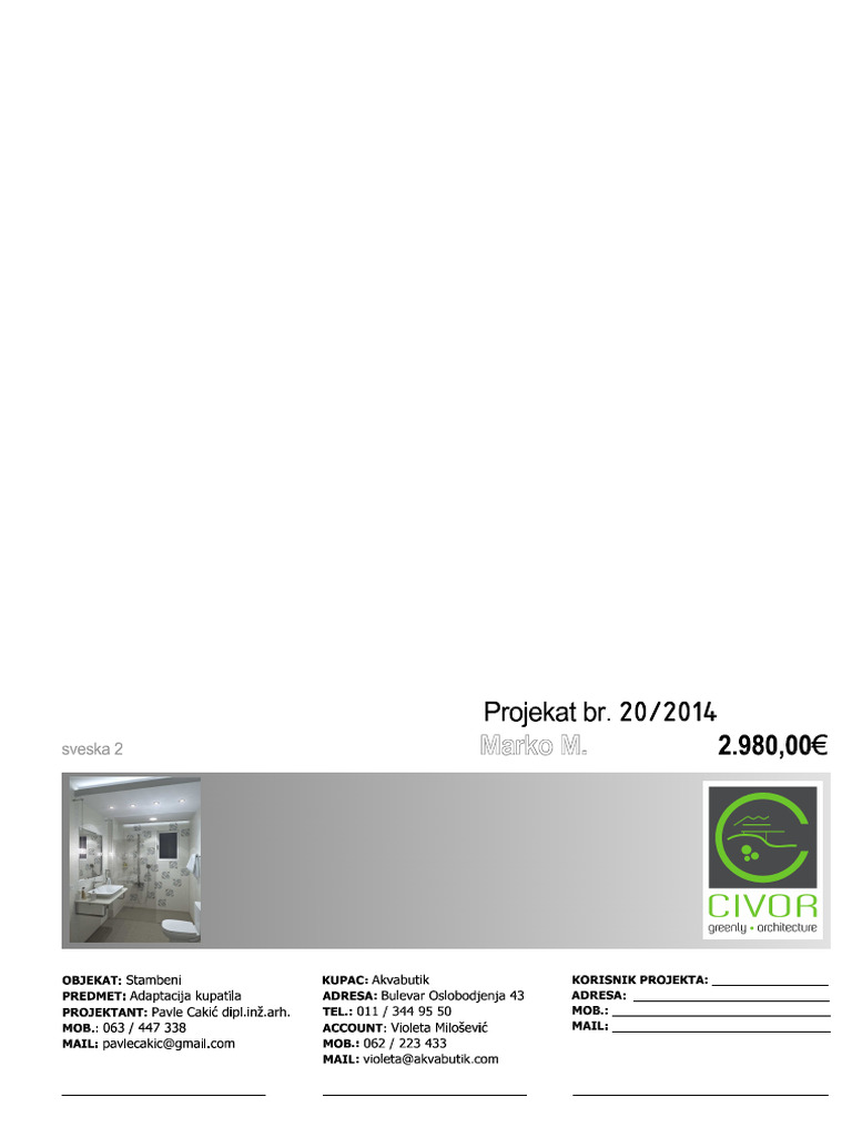 Glavni Projekat Kupatila Marko M | PDF