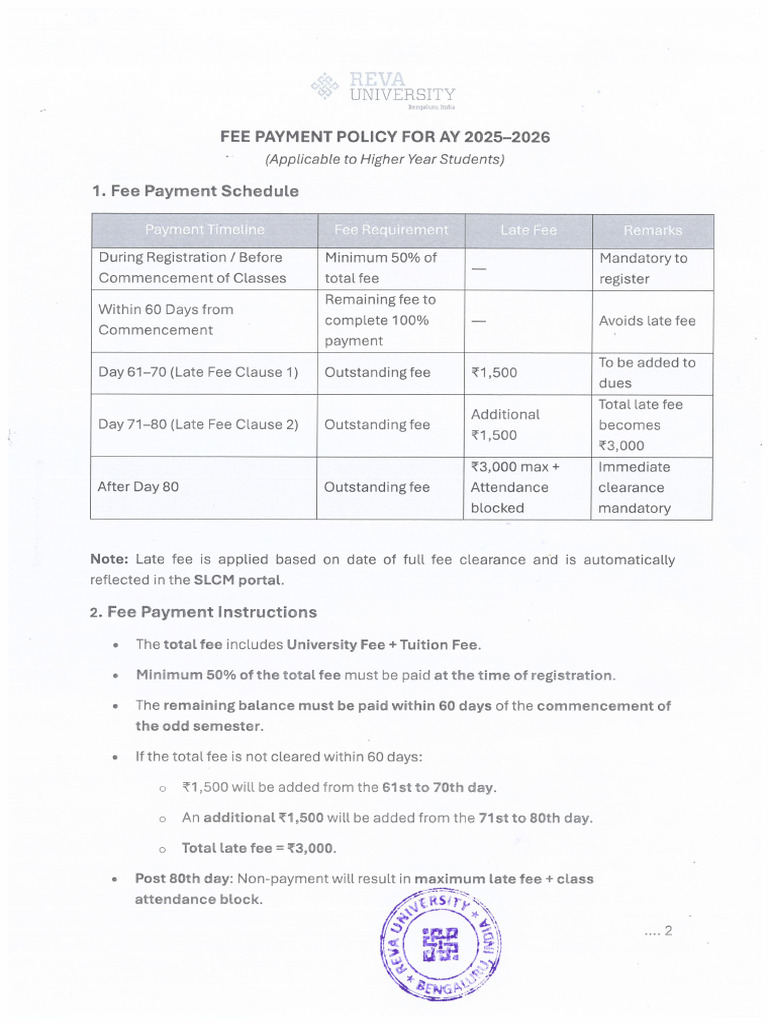 Fee Payment Policy - 2025-2026 - 3rd, 5th and 7th Semesters | PDF