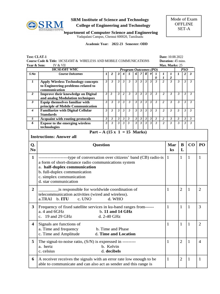 WMC - CT1 QP - Set 1 Answer Key | PDF | Radio | Frequency Modulation