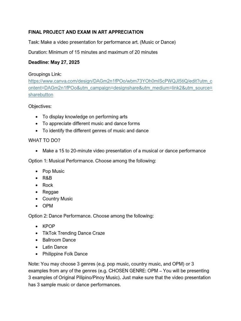 Art Appreciation Final Project and Exam | PDF | Entertainment ...
