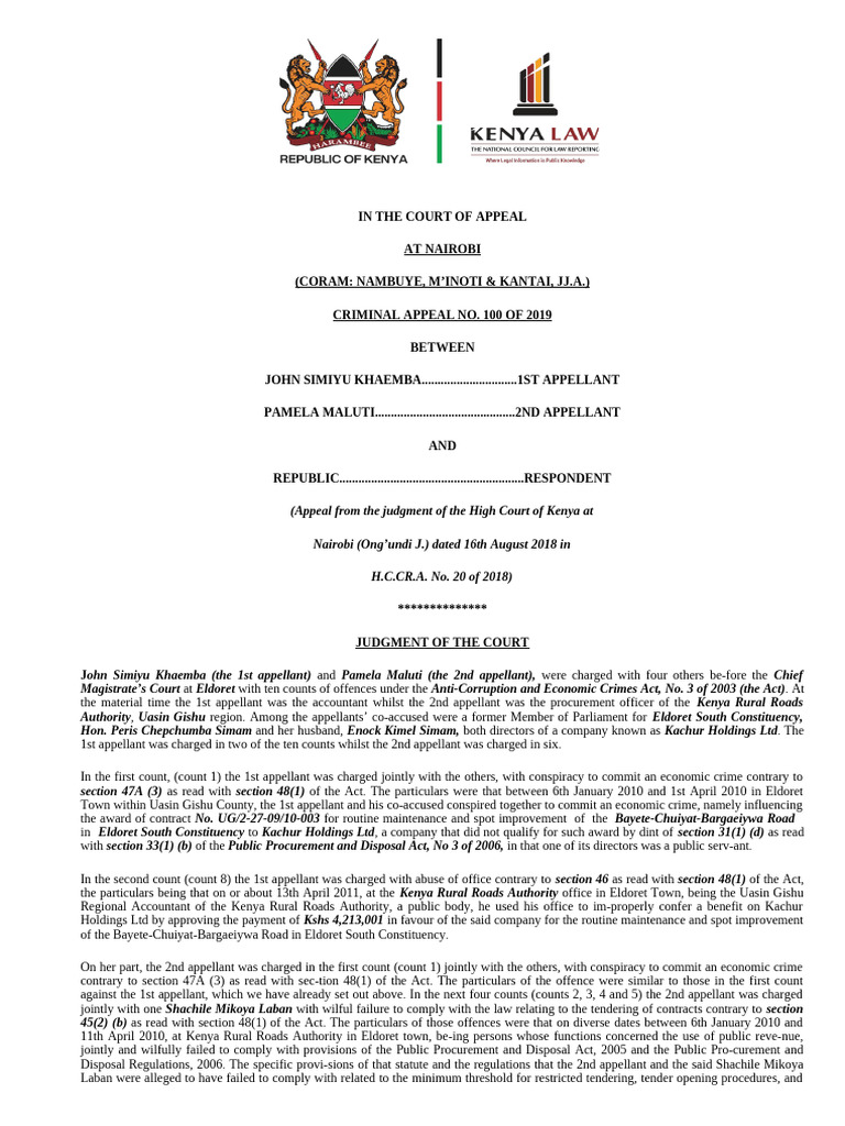 John Simiyu Khaemba Another V Republic 2020KECA470 (KLR) | PDF | Criminal Procedure In South ...