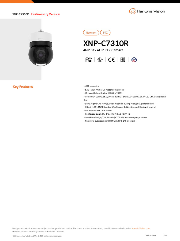 Hanwha XNP c7310r Datasheet | PDF | Zoom Lens | Camera Lens