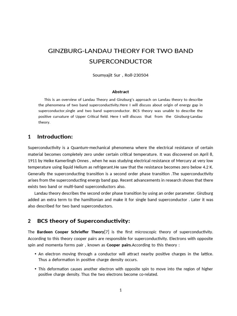 Ginzburg-Landau Theory For Two Band Superconductor | PDF | Superconductivity | Materials Science