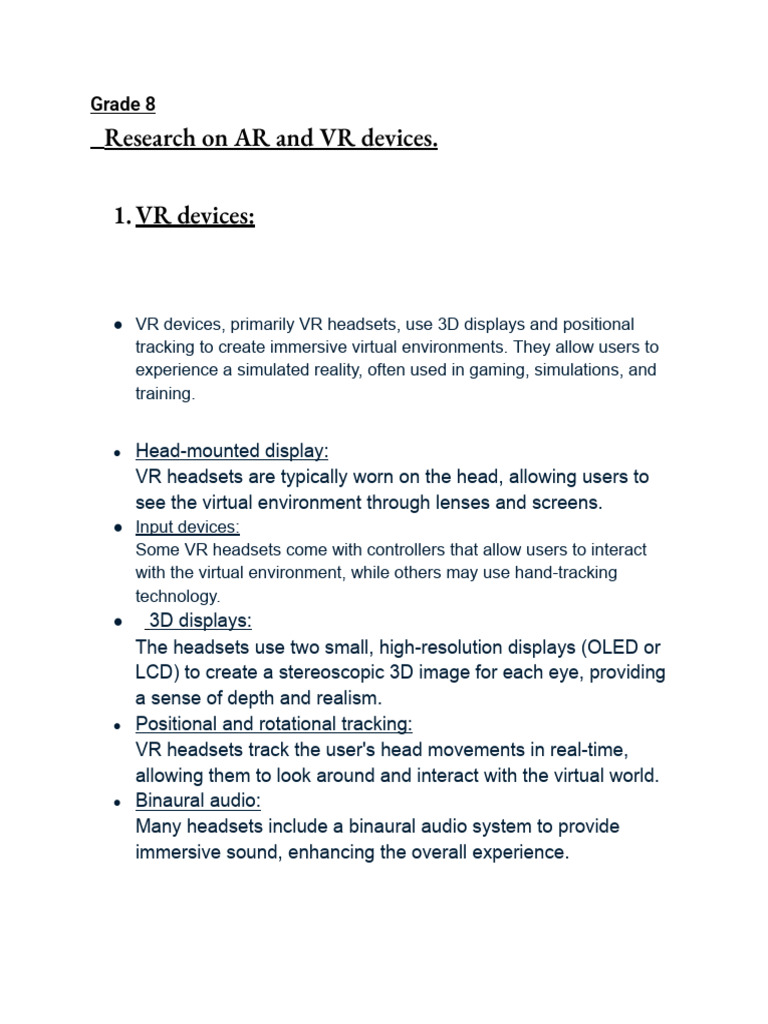 Grade 8 AR and VR Devices - SBA-1 | PDF | Virtual Reality | Augmented ...