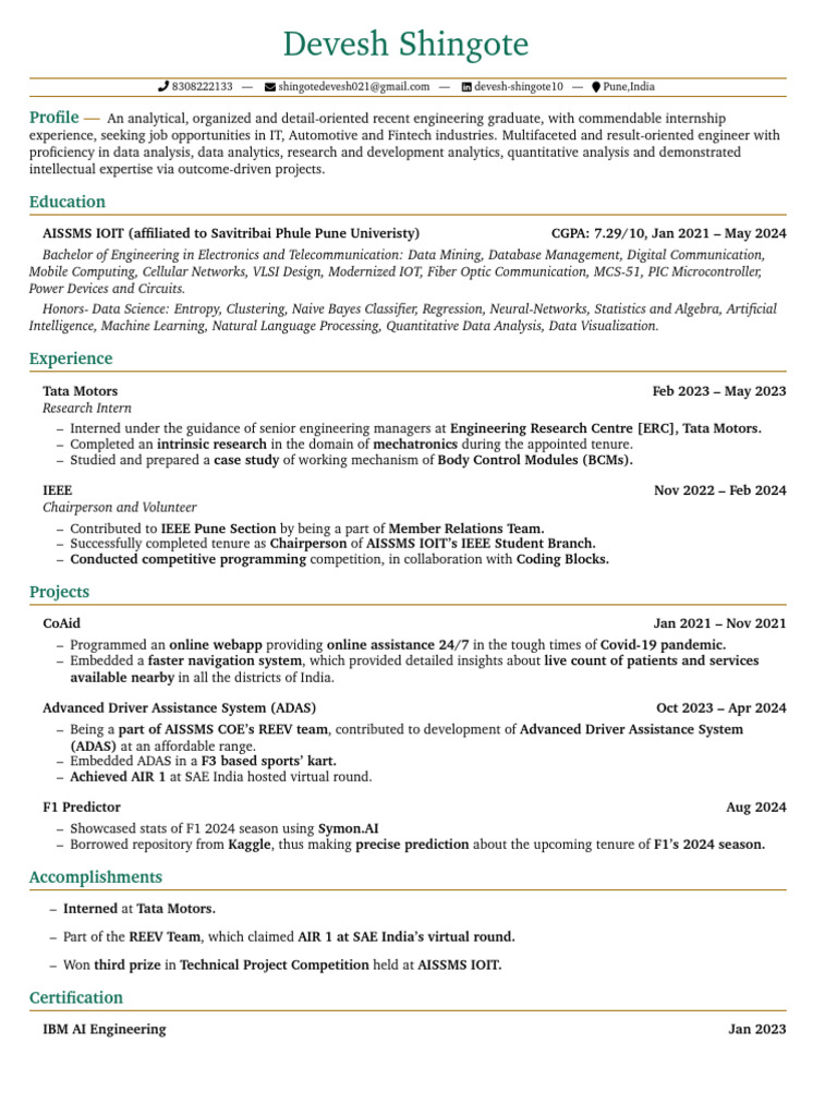 Devesh Shingote Resume 2024 | PDF | Data | Computing