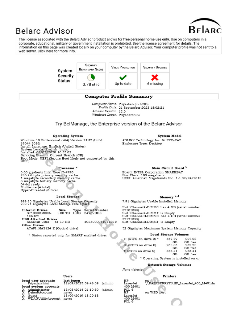 Belarc Advisor - Computer Profile | PDF | Usb | Msn