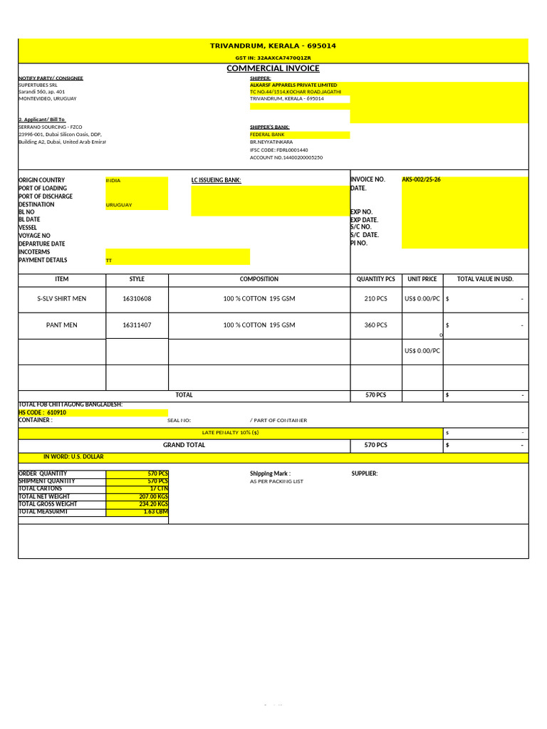 Commercial Invoice for Apparel Shipment | PDF | Business Documents