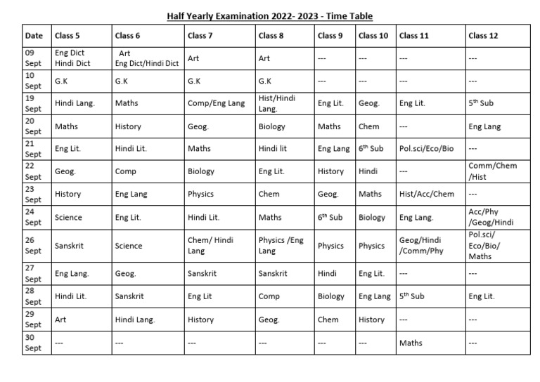 Half Yearly Examination 2022 - 2023 - Time Table | PDF