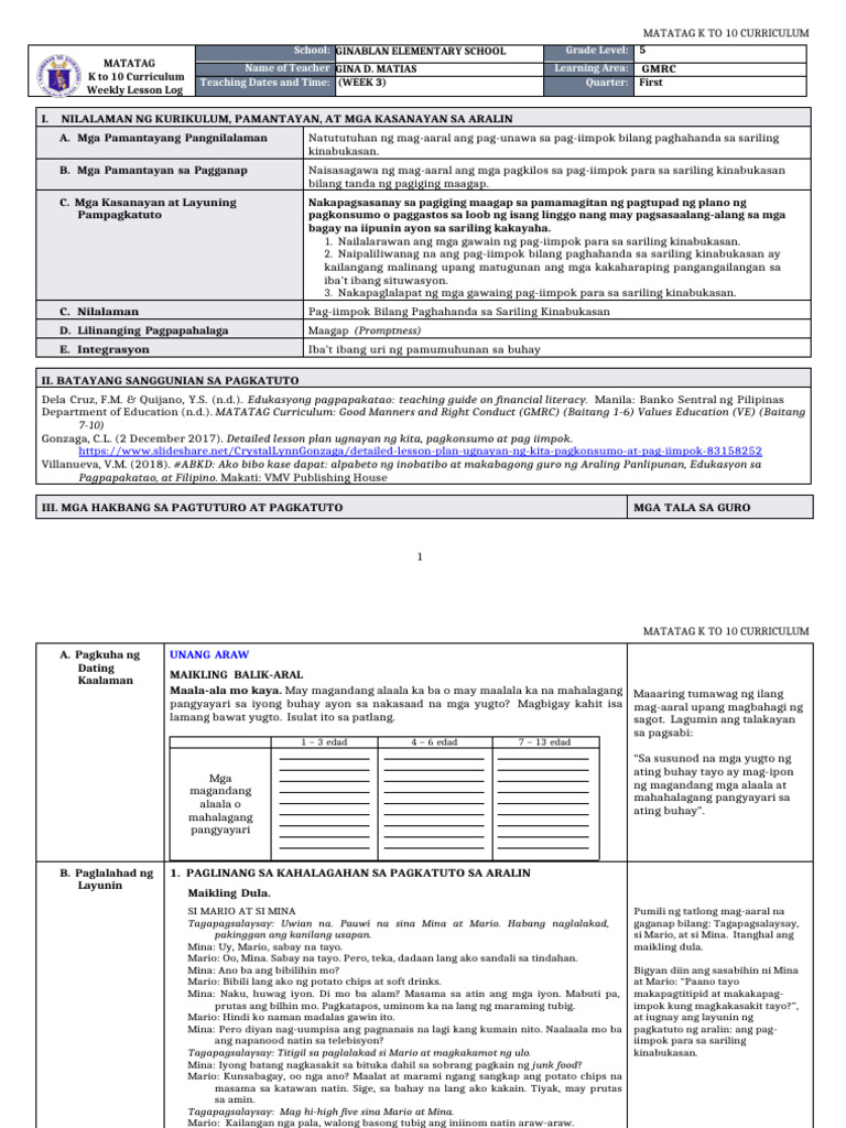 DLL Matatag - GMRC 5 q1 w3 | PDF