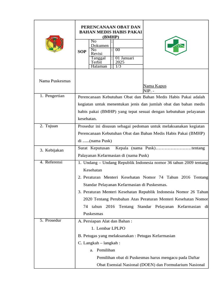 Form Sop Perencanaan Obat Dan BMHP | PDF
