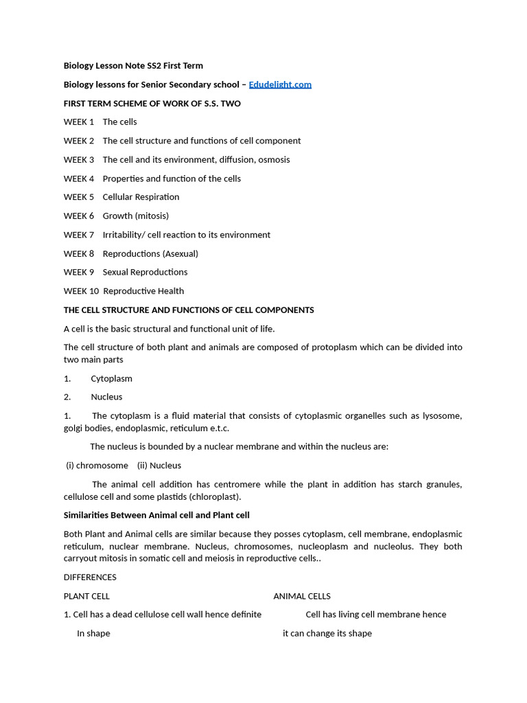 SS2 Biology First Term Lesson Notes | PDF | Cellular Respiration | Osmosis