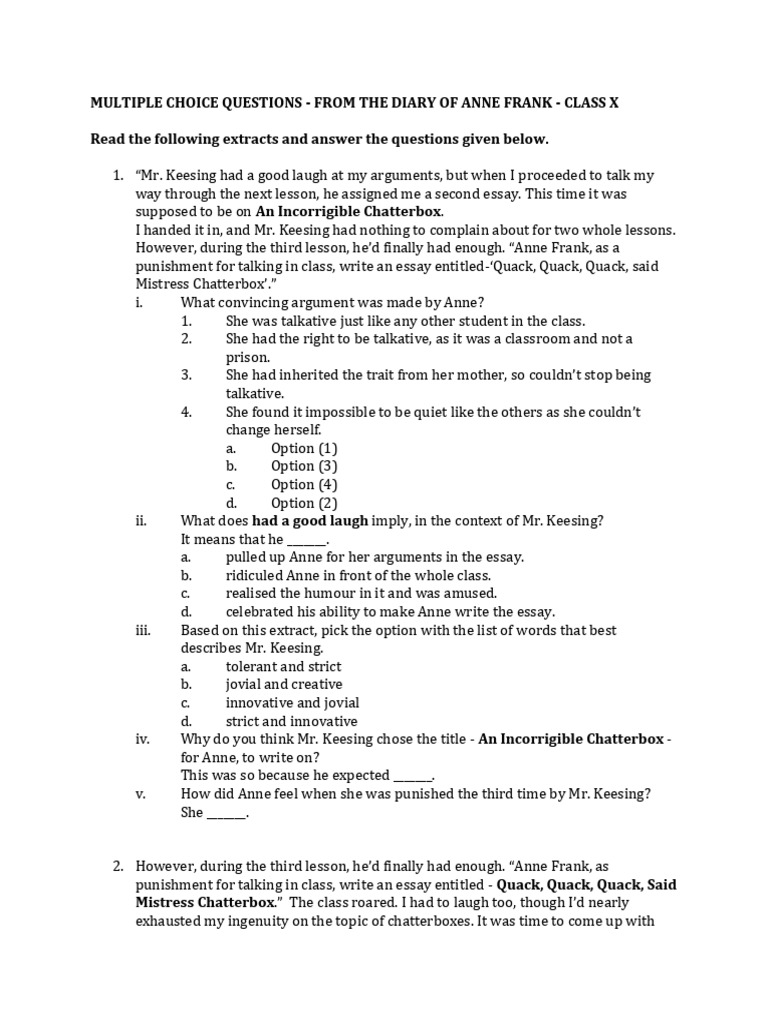 Multiple Choice Questions - From The Diary of Anne Frank - Class X | PDF