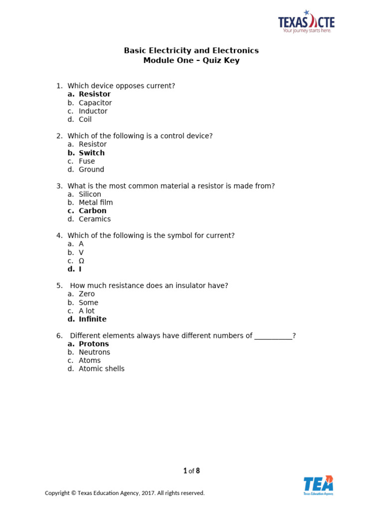 Basic Electricity and Electronics Module One - Quiz Key | PDF | Resistor | Voltage