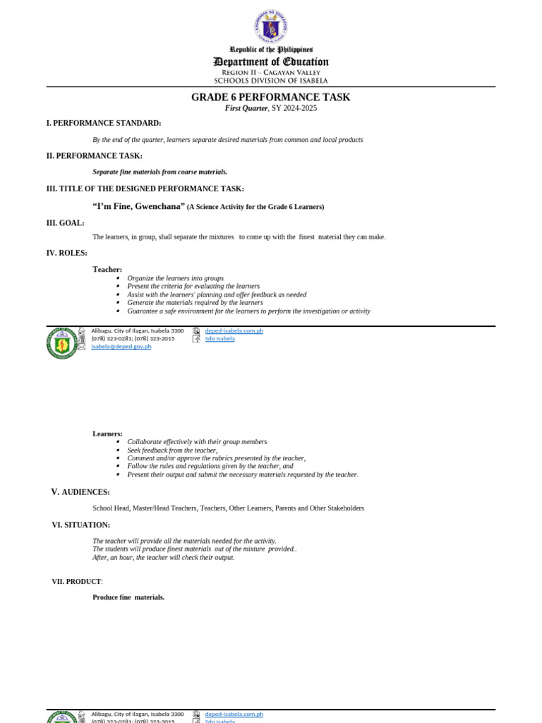 Performance Task For Grade 6 First Quarter SY 2024 2025 Sieving | PDF