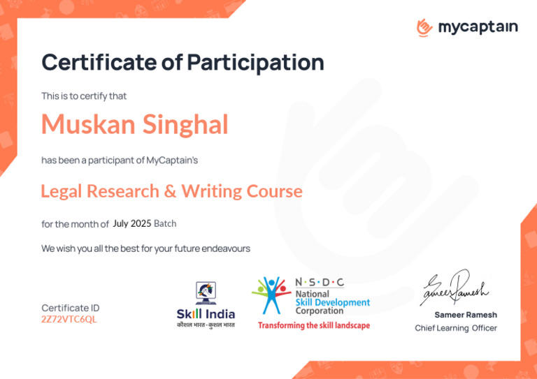 MyCaptain Legal Research & Writing Workshop Certificate | PDF