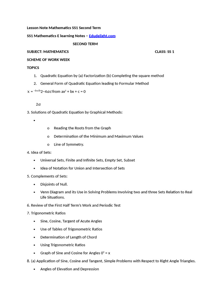 SS1 Mathematics Lesson Notes: Term 2 | PDF | Trigonometric Functions ...