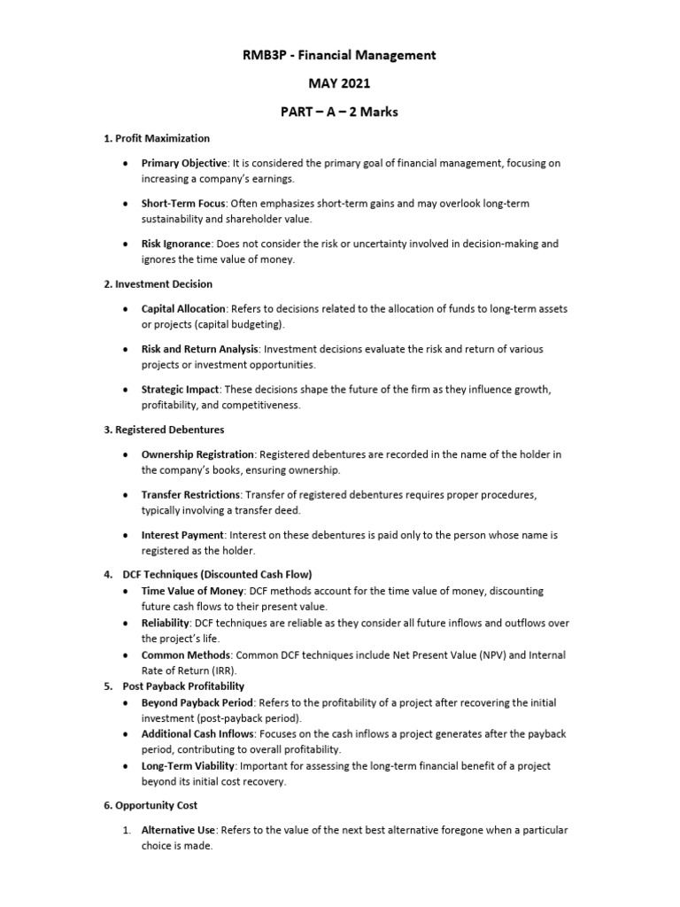 RMB3P - Financial Management - 2 Marks | PDF | Net Present Value ...