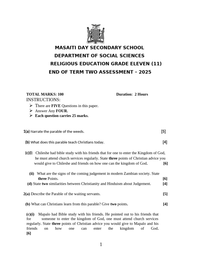 Grade 11 R.E End of Term Two One - 2025 | PDF | Prayer | Jesus