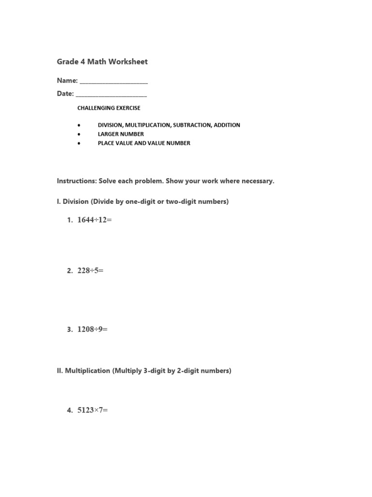 Grade 4 Math Challenge Worksheet | PDF