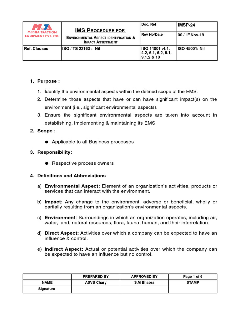 Environmental Aspect Impact Procedure | PDF | Environmental Issues ...