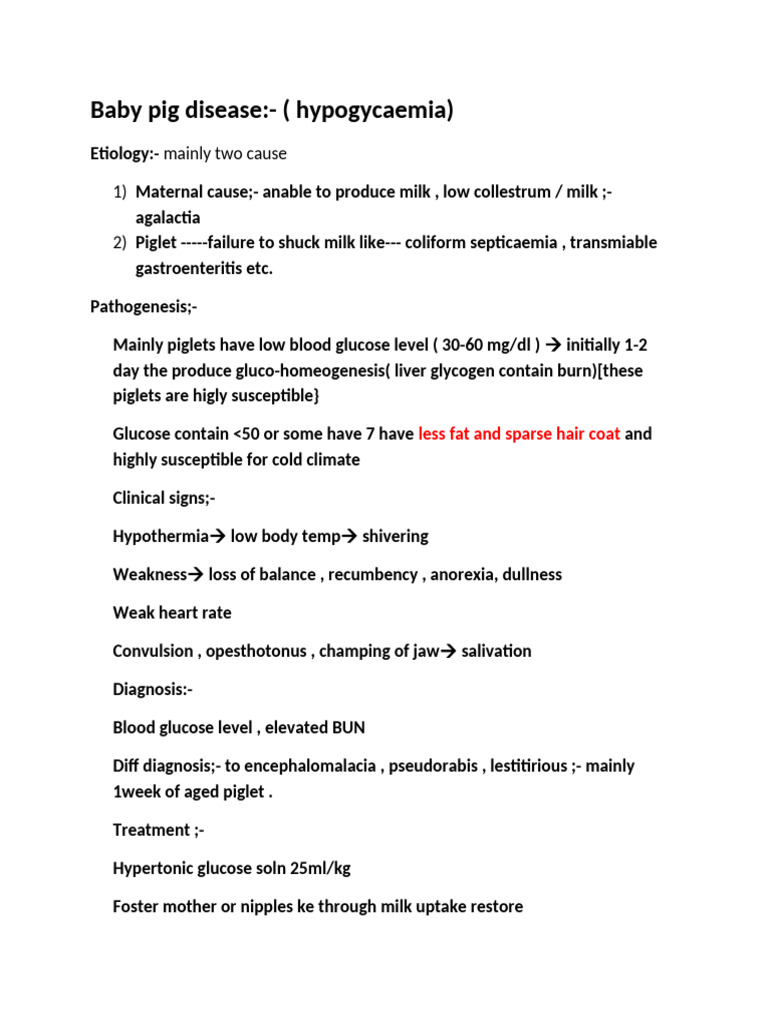 Baby Pig Disease: Hypoglycemia Overview | PDF