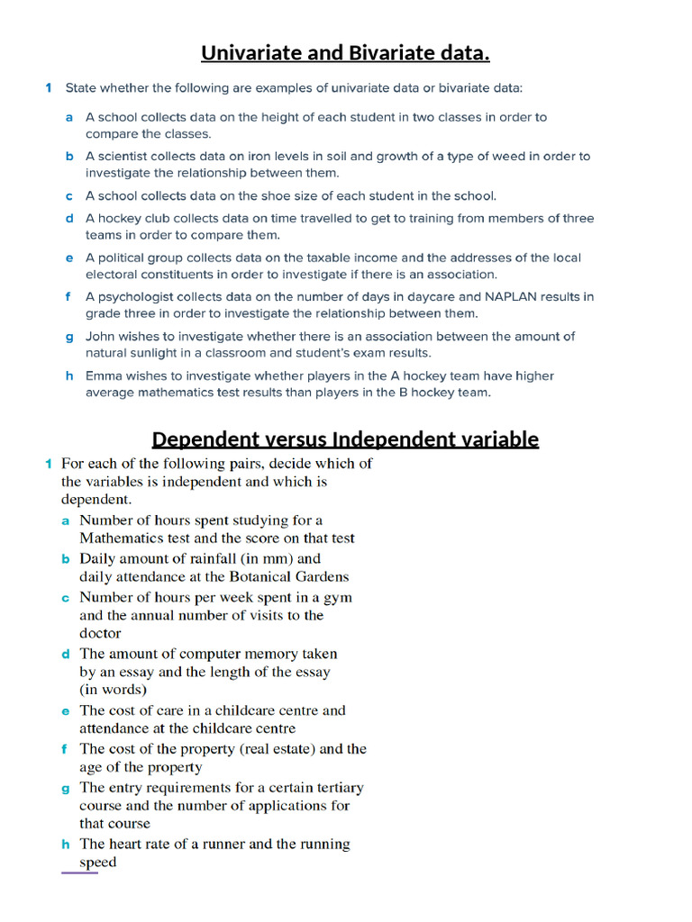 Bivariate Data Worksheet | PDF