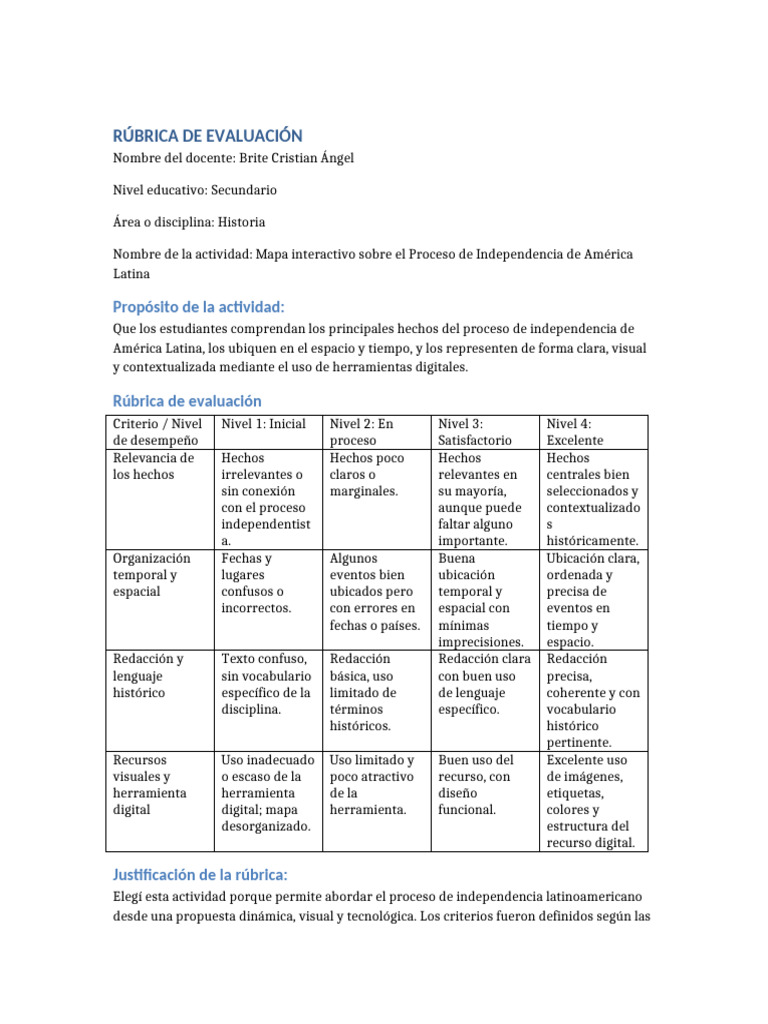 Rubrica Historia Independencia Brite | PDF