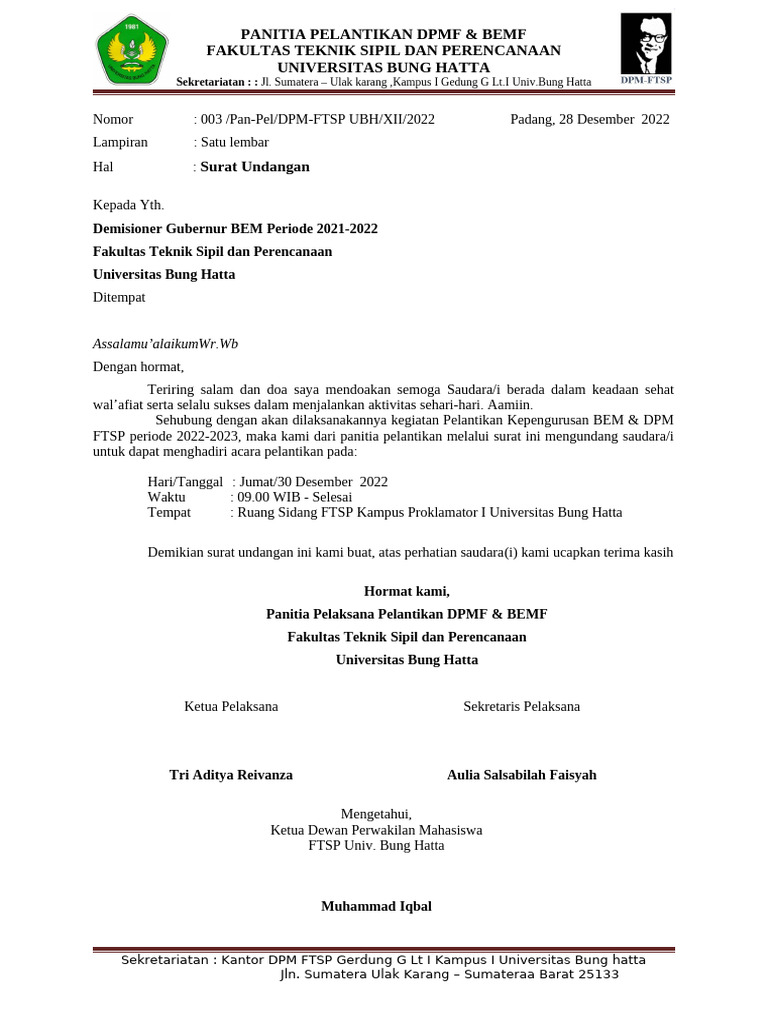 Undangan Pelantikan BEM & DPM FTSP | PDF