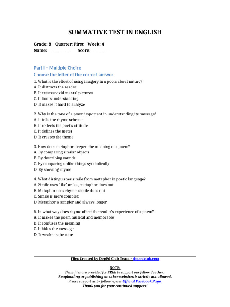 Summ - Test English 8 q1 w4 | PDF | Poetry | Rhyme